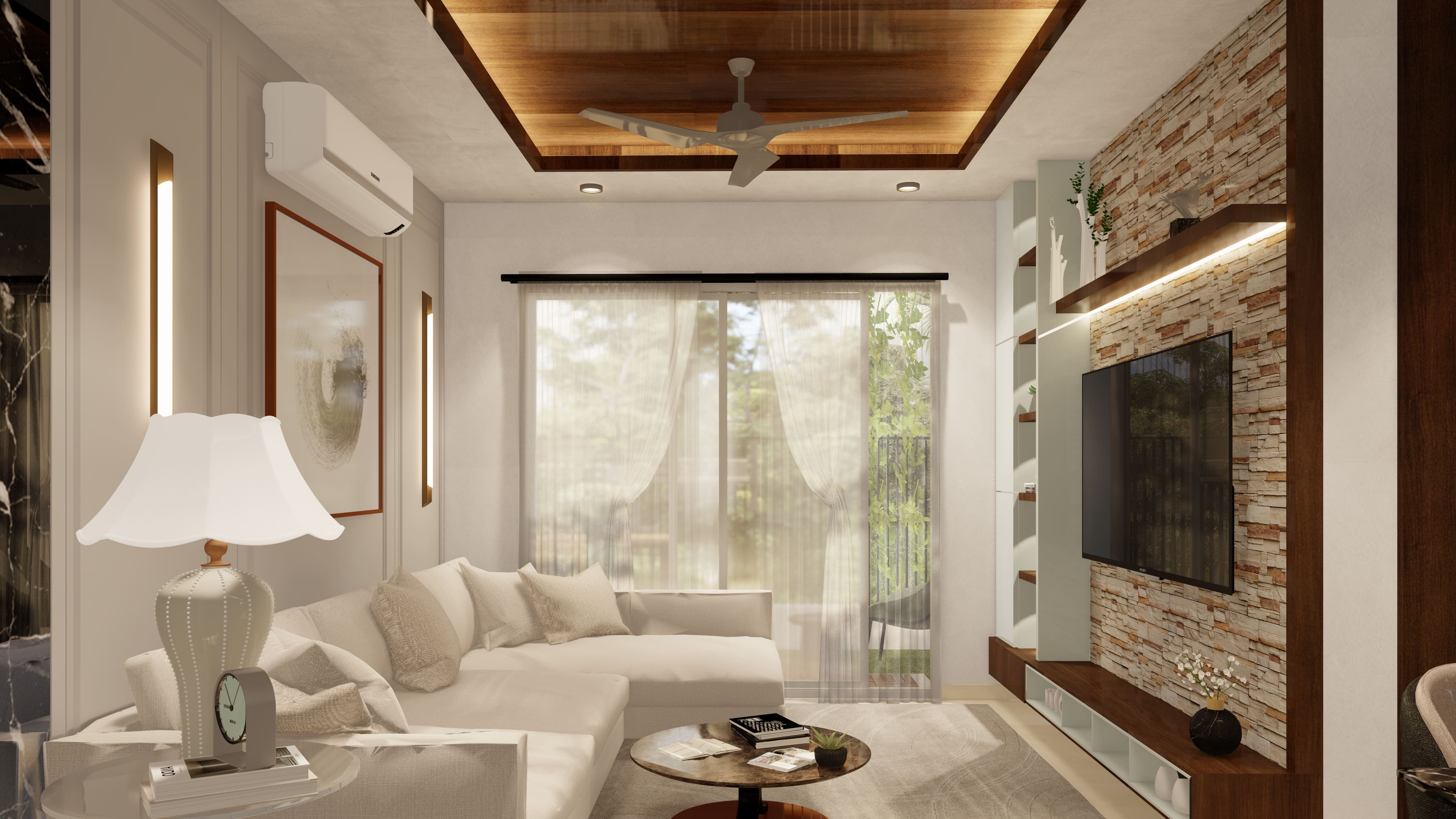 Modern Minimalistic Living Area Design With Attached Balcony - Artifex Interio